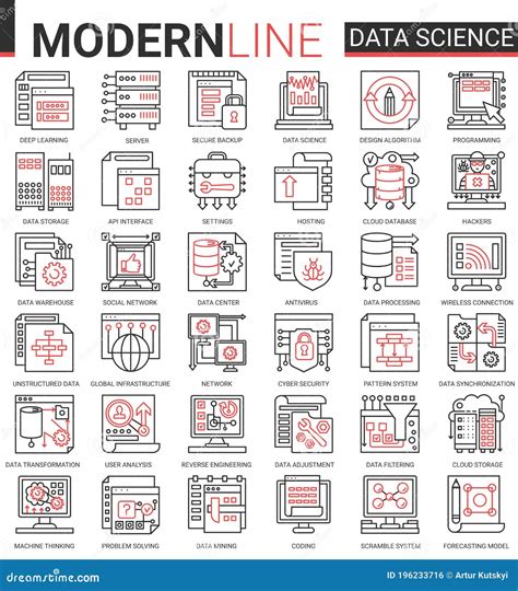 Data Science Complex Thin Red Black Line Icon Vector Illustration Set With Outline Symbols
