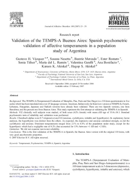 Pdf Validation Of The Temps A Buenos Aires Spanish Psychometric Validation Of Affective