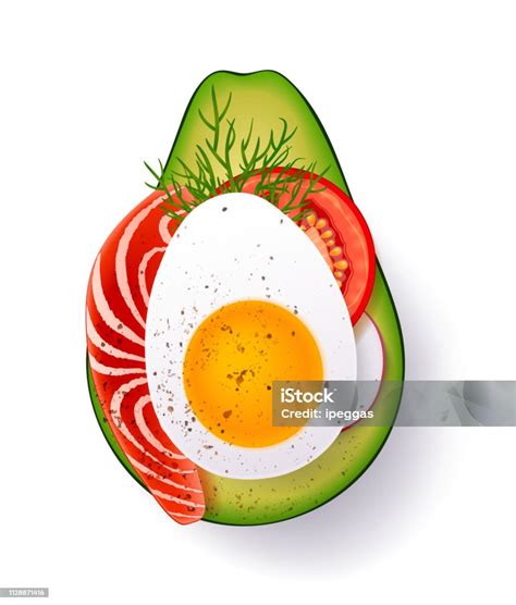 잘 익은 아보카도와 삶은 계란 토마토 양념 딜 조각 조각 물고기 벡터 일러스트 레이 션 0명에 대한 스톡 벡터 아트 및 기타