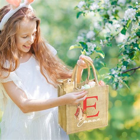 Personalized Initial And Name Bunny Easter Jute Bag Candy And Easter Egg
