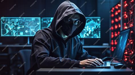 Premium Photo A Hacker In A Black Hoodie Is Sitting In A Dark Server Room Typing On A Computer