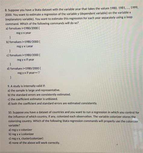 solved 8 suppose you have a stata dataset with the variable