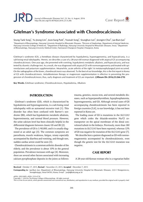 Pdf Gitelmans Syndrome Associated With Chondrocalcinosis