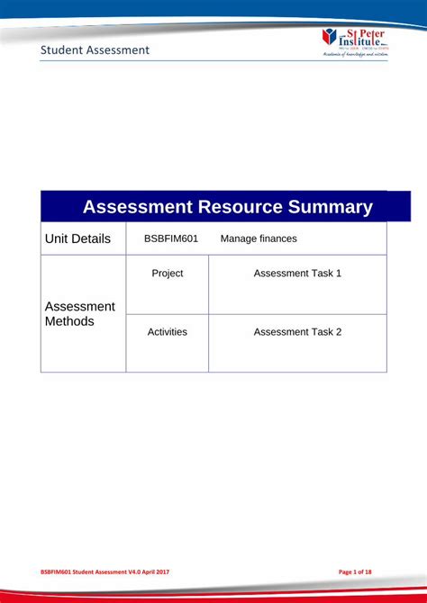 PDF Assessment Resource Summary Student Assessment BSBFIM601