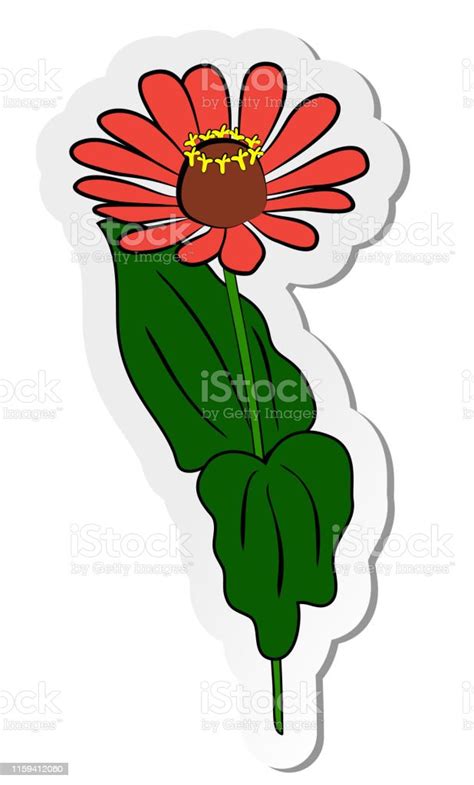 벡터 일러스트 흰색 배경에 고립 된 평면 만화 스타일의 잎줄기에 빨간 진니아 꽃의 스티커 0명에 대한 스톡 벡터 아트 및 기타