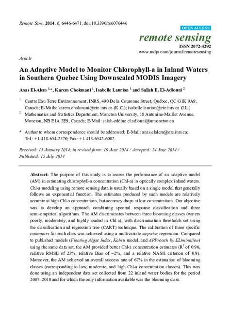 Pdf Article An Adaptive Model To Monitor Chlorophyll A In Inland Waters In Southern Quebec