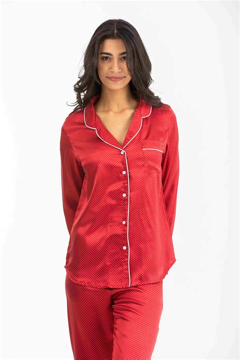 Dark Red Buttoned Long Sleevd Front Pocket Satin Pyjama Set From
