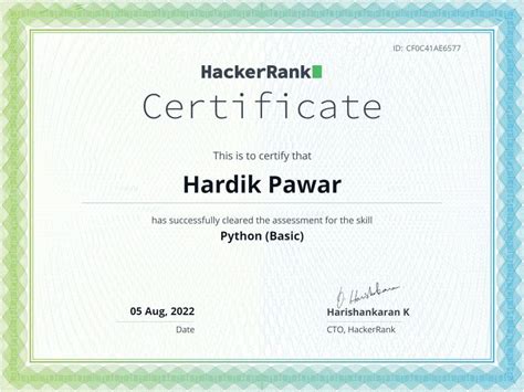 Hardik Pawar On Linkedin Achieved Python Certification From Hackerrank