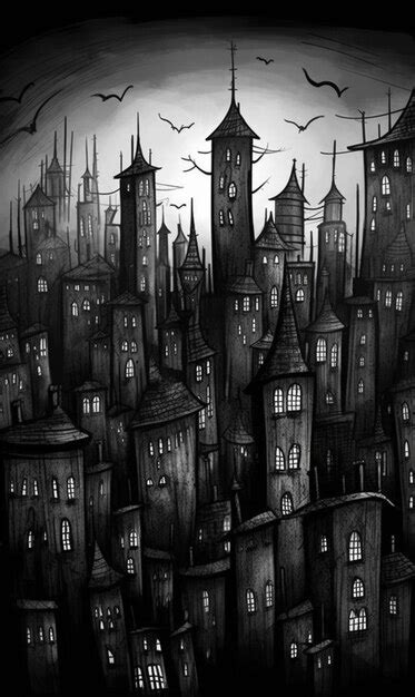 Desenho Arafiado De Uma Cidade Com Uma Torre De Relógio E Morcegos