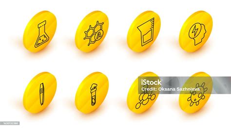 라인 박테리아 시험관 및 플라스크 화학 물질 핀셋 헤드 전기 기호 실험실 유리 제품 또는 비커 화학식 및 아이콘을 설정합니다 벡터 3차원 형태에 대한 스톡 벡터 아트 및