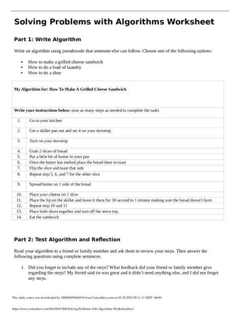 Solving Problems With Algorithms Worksheet Florida Virtual School Jap 938