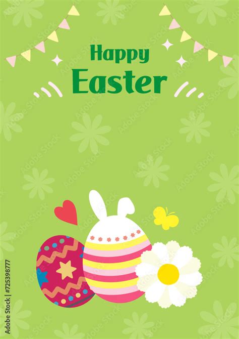 イースターのチラシテンプレート、うさぎ型の卵とイースターエッグと春の花のベクターイラスト素材。コピースペースのあるグリーンの背景。 Stock Vektorgrafik Adobe Stock