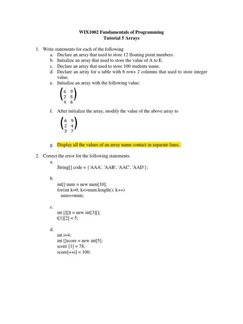Wix1002 Fundamentals Of Programming Tutorial 5 Arrays Pdf
