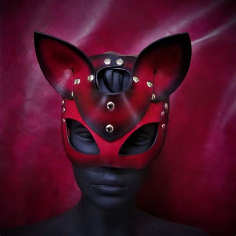 Handmade Leather Cat Mask Black Red Mask Bdsm Leather Cat Mask Sexy