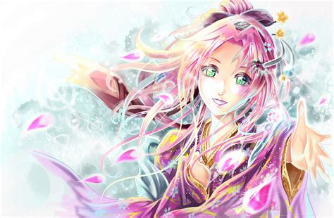 Green Eyes Haruno Sakura Japanese Clothes Long Hair Naruto Pink Hair