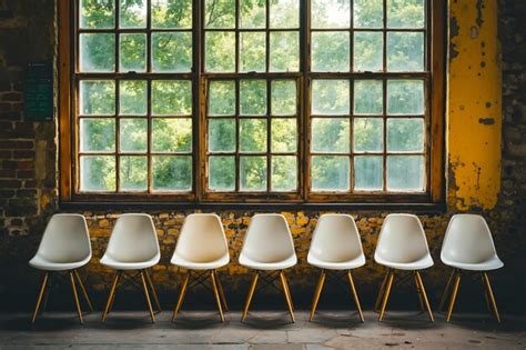 A Row Of White Chairs In Front Of A Large Window Premium Ai Generated