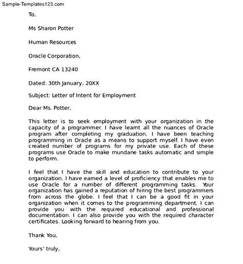 Free Job Letter Of Intent Template Samples Pdf Word Eforms