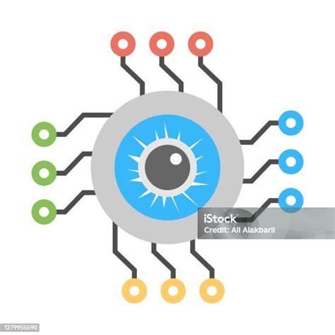 전자 회로 기호와 눈 디지털 눈 컴퓨터 비전 아이콘 완벽한 웹 및 모바일 앱 디자인을위한 플랫 아이콘 감시에 대한 스톡 벡터