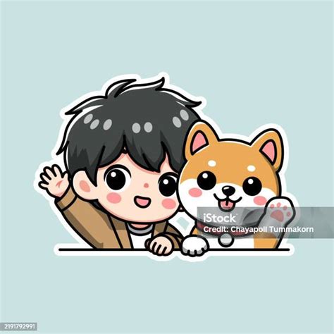 귀여운 귀여운 소년 엿보고 손을 흔들고 귀여운 시바 이누 흔들 발 만화 벡터 일러스트 레이 션 가축에 대한 스톡 벡터 아트 및