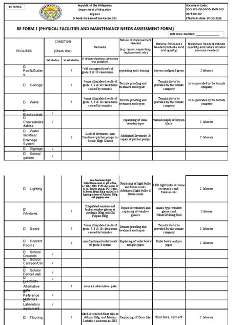 Be Form 1 Physical Facilities And Maintenance Needs Assessment Form Pdf Classroom