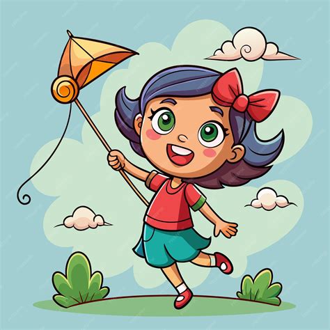 Premium Vector Girl Flying Kite Cartoon Vector Clipart