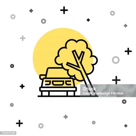 검은 선 흰색 배경에 격리된 쓰러진 나무 아이콘에 의해 손상된 자동차 자동차 보험 케이스 나무와 자동차 충돌 교통 사고 무작위