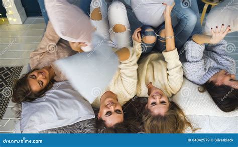 Four Beautiful Girls Throw Pillows Each Other Girlfriends Having Fun