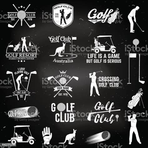 Set Konsep Klub Golf Dengan Siluet Pegolf Ilustrasi Stok Unduh Gambar