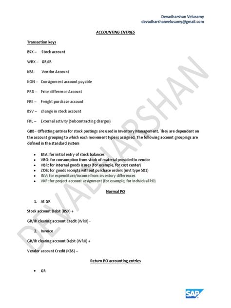 Accounting Entries Of Procurement Process Sap Pdf Debits And