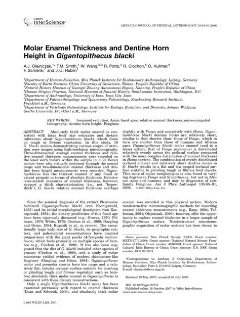 Pdf Molar Enamel Thickness And Dentine Horn Height In Gigantopithecus