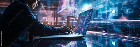 Female Techie In Data Center Coding On Laptop Near Server Racks Big