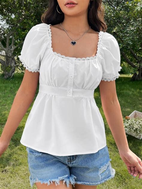 Shein Cottagecore Square Neck Puff Sleeve Lace Trim Peplum Blouse