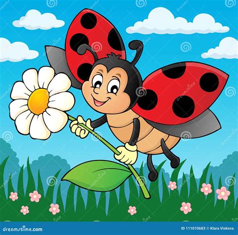Ladybug Holding Flower Theme Image 2 Stock Vector Illustration Of