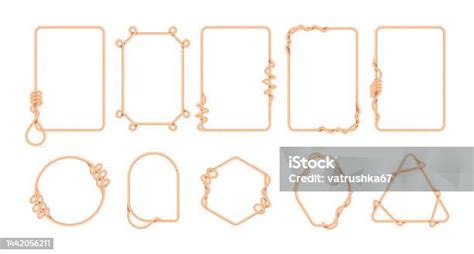 로프 테두리 선원 매듭 올가미 루프가 있는 장식용 실 프레임 꼬인 꼰 해양 황마 코드 사각형 둥근 모양 벡터 절연 세트 프레임에