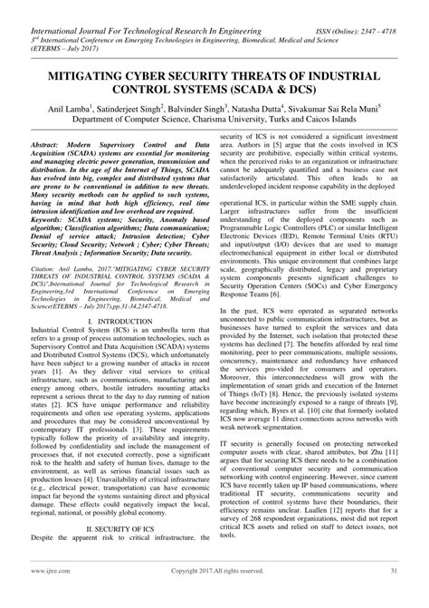 Pdf Mitigating Cyber Security Threats Of Industrial Control Systems Scada And Dcs