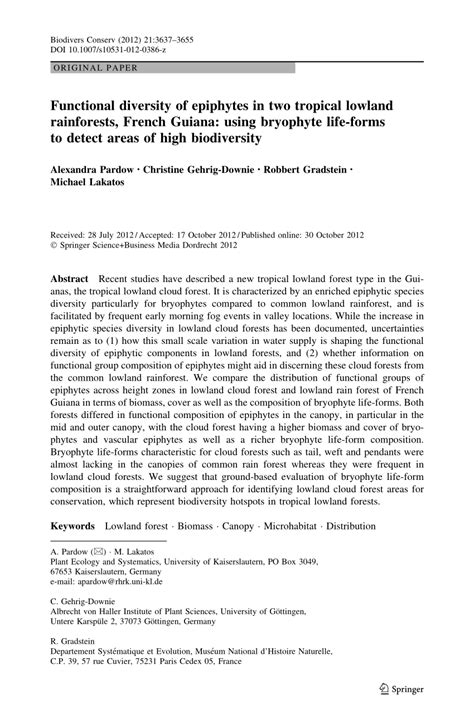 Pdf Functional Diversity Of Epiphytes In Two Tropical Lowland Rainforests French Guiana