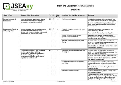 Excavator Plant And Equipment Risk Assessment Jseasy