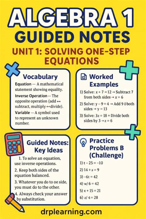 Algebra 1 Guided Notes Unit 1 Solving One Step Equations By Dr P