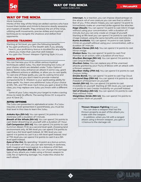 Monk Subclass Way Of The Ninja Rdndhomebrew