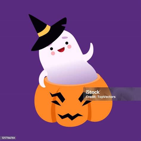 마녀 모자를 쓰고 있는 화이트 리틀 고스트 귀여운 할로윈 유령 캐릭터 날아다니는 호박 벡터 일러스트 10월에 대한 스톡 벡터 아트 및 기타 이미지 Istock