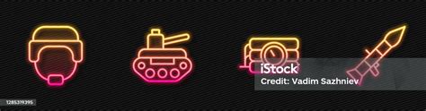 세트 라인 다이너마이트와 타이머 시계 밀리터리 헬멧 탱크 및 로켓 발사기 빛나는 네온 아이콘 벡터 고전갑옷에 대한 스톡 벡터 아트 및 기타 이미지 Istock