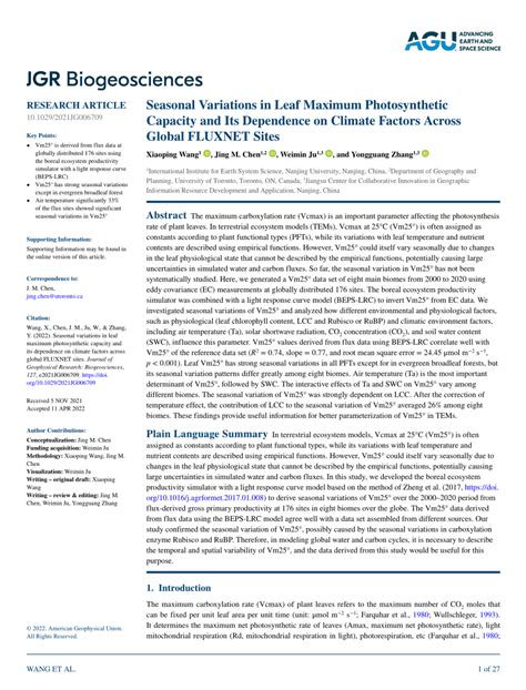 Seasonal Variations In Leaf Maximum Photosynthetic Capacity And Its Dependence On Climate