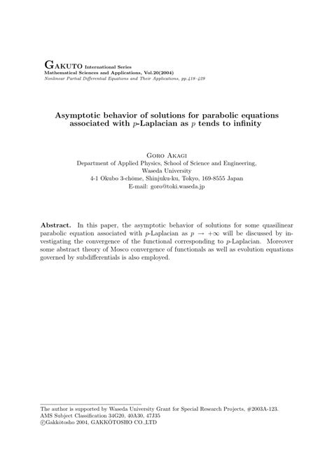 Pdf Asymptotic Behavior Of Solutions For Parabolic Equations Associated With P Laplacian As P