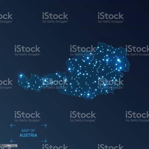 都市とオーストリアの地図発光ドット 暗い背景にネオンライトベクトルイラスト オーストリアのベクターアート素材や画像を多数ご用意