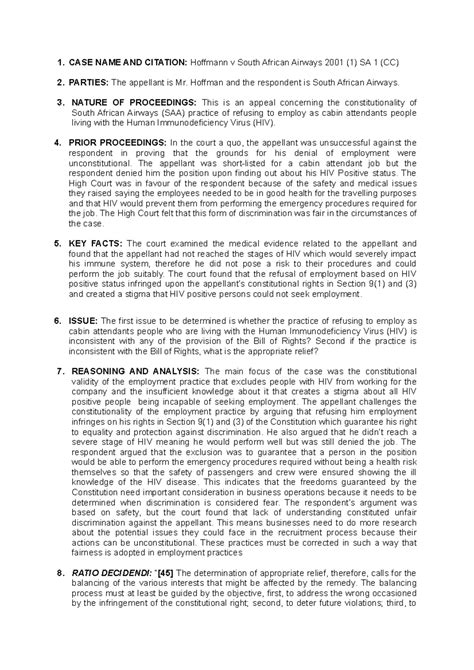 Example Of A Case Summary Case Name And Citation Hoffmann V South