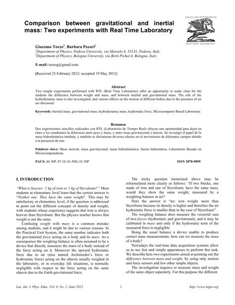 PDF Comparison Between Gravitational And Inertial Mass Two Experiments With Real Time Laboratory