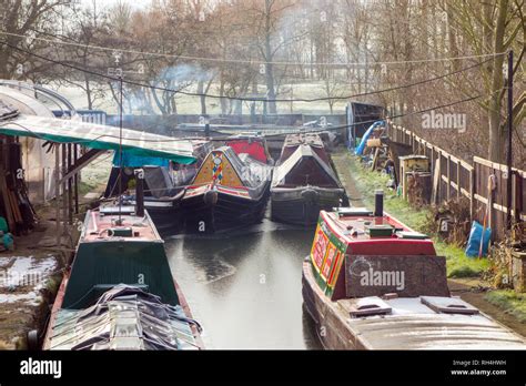 Working Narrow Boats In The Dock At Malkins Bank Canal Services On The