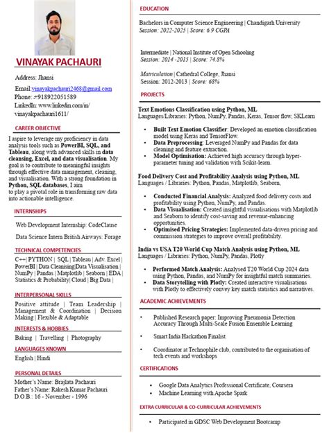 22bcs80107 Vinayak Pachauri Resume Pdf Python Programming Language