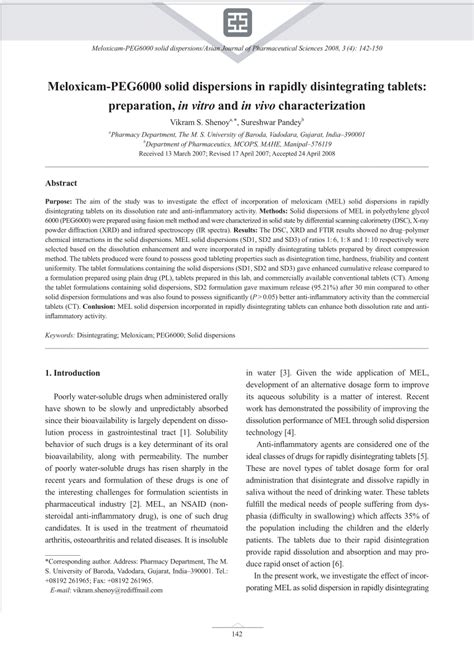 Pdf Meloxicam Peg6000 Solid Dispersions In Rapidly Disintegrating Tablets Preparation In
