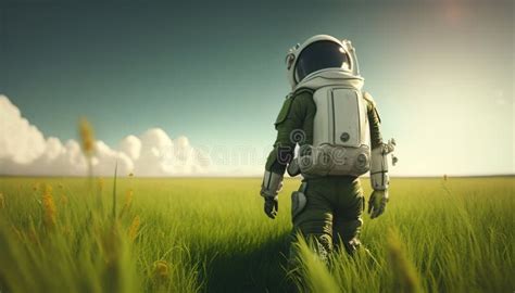Astronaut Walking In The Green Grass Field Digital Art Illustration